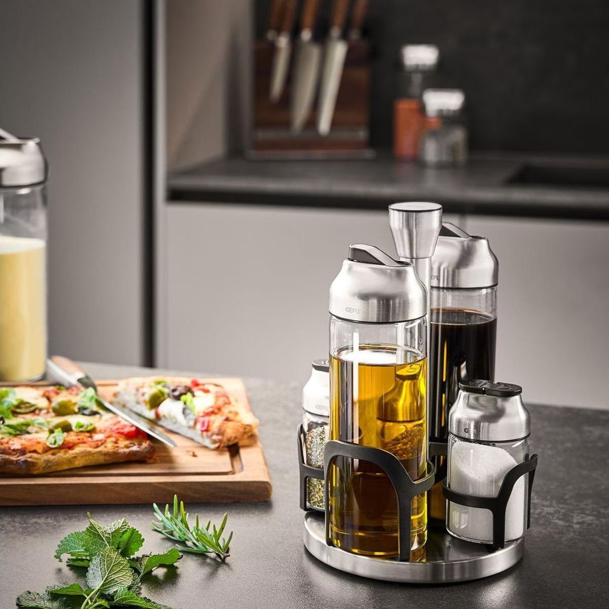Set of oil dispenser, vinegar bottle, and spice jars Kippo Gefu ...
